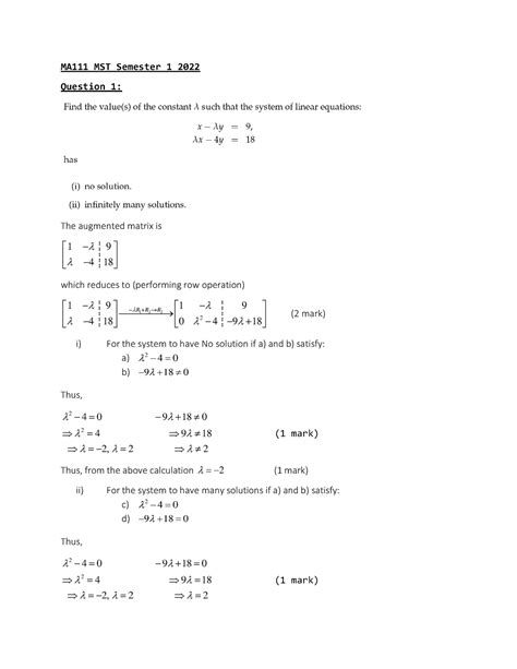 Ma111 Mst Solution S1 2022 Ma111 Mst Semester 1 2022 Question 1 The Augmented Matrix Is 1 9 4