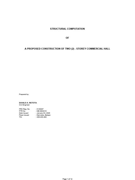Structural Computation Analysis Two 2 Storey Commercial Hall Pdf