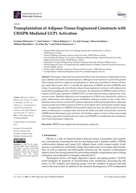 Pdf Transplantation Of Adipose Tissue Engineered Constructs With Crispr Mediated Ucp1 Activation