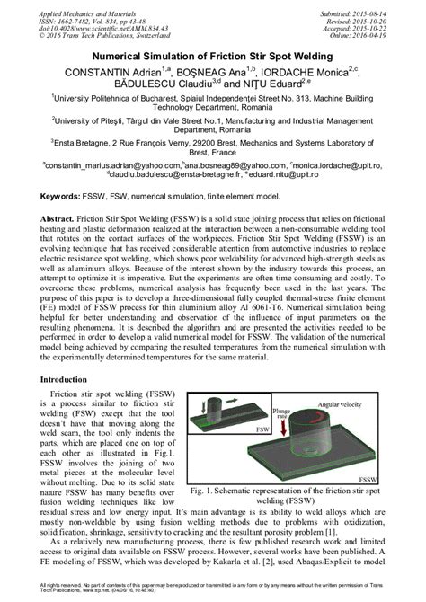 Pdf Numerical Simulation Of Friction Stir Spot Welding