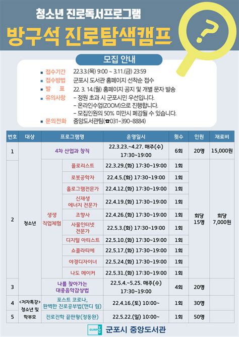 군포시 청소년 진로독서프로그램 방구석 진로탐색캠프 운영 안내 공지사항 당정중학교