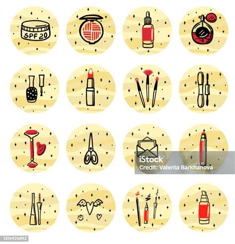 손으로 그린 뷰티 메이크업 인스타 스토리 하이라이트 요소 마스카라 크림 병 네일 제품 브러쉬 낙서 스케치 스타일입니다 화장품 아이콘 메이크업 하이라이트 디자인에 대한