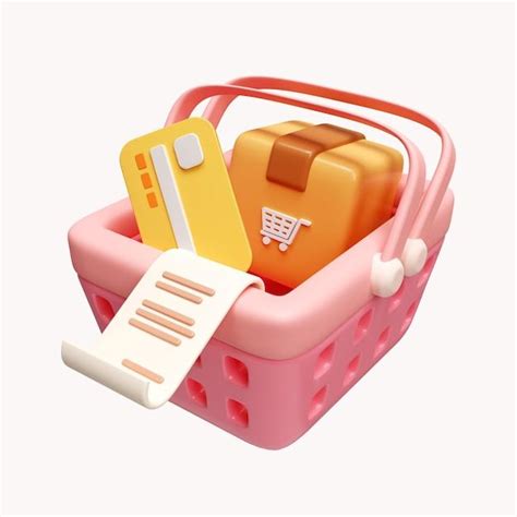 흰색 배경 3d 렌더링 그림 클리핑 경로에 격리된 쇼핑 바구니 배달 및 온라인 쇼핑 광고 개념 아이콘의 3d 소포 상자 및 신용