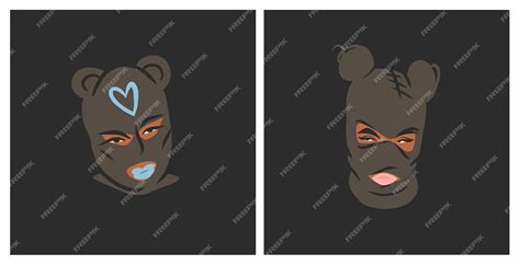 손으로 그린 추상 벡터 그래픽 클립 아트 그림 컬렉션은 Balaclava의 산적 소녀와 함께 설정됩니다 트렌디한 현대 여성