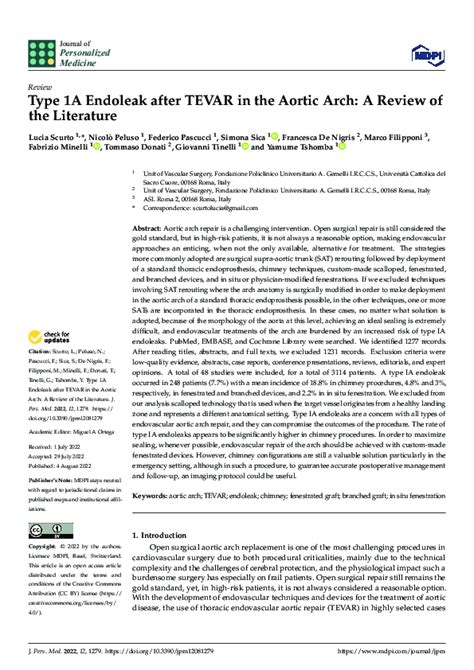 Pdf Type 1a Endoleak After Tevar In The Aortic Arch A Review Of The Literature