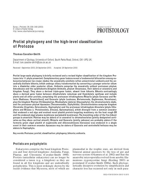 Protist Phylogeny And The High Level Classification Of Protozoa Cavalier Smith 2003 Pdf