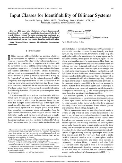 Pdf Input Classes For Identifiability Of Bilinear Systems