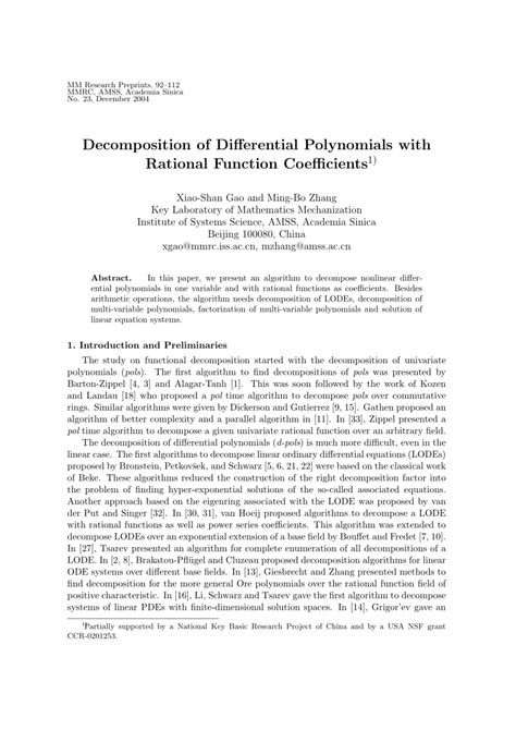 Pdf Decomposition Of Difierential Polynomials With Rational Function Coe Cients1