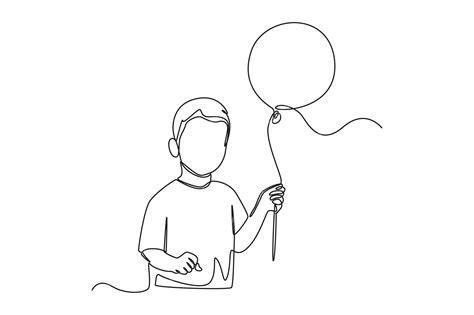 Premium Vector Continuous One Line Drawing Happy Boy Holding Balloon