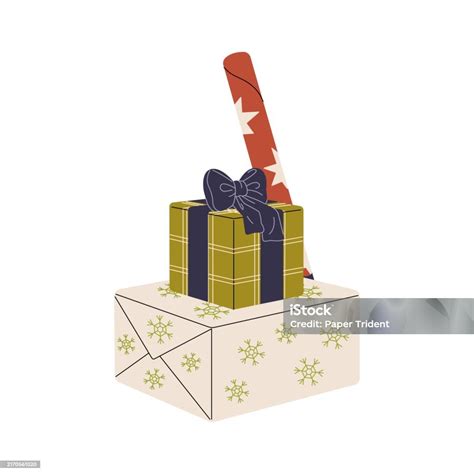 포장된 선물의 구성 전통적인 크리스마스 패턴으로 포장 상자 더미 크리스마스는 사각형 패키지 리본의 묶인 활을 선물합니다 흰색 배경에 평평한 고립 된 벡터 그림 벡터에 대한