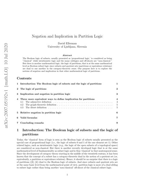 Pdf Negation And Implication In Partition Logic