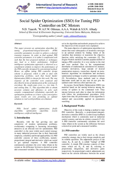 Pdf Social Spider Optimization Sso For Tuning Pid Controller On Dc Motors
