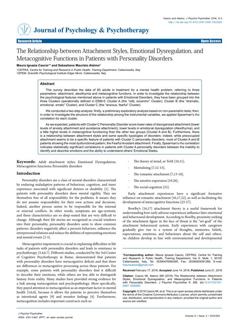 Pdf The Relationship Between Attachment Styles Emotional Dysregulation And Metacognitive