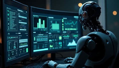 Robot Analyzing Data On Multiple Computer Screens In A Dark Room Stock