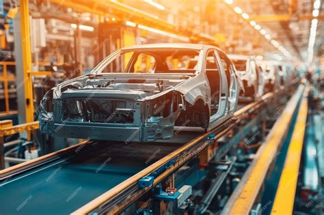 Automated Assembly Process Of Car Bodies On Conveyor At Modern