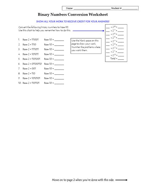 Binary Numbers Conversion Worksheet Show All Your Work To Receive Credit For Your Answers