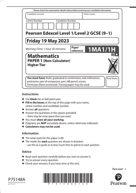 Gcse Edexcel May 2023 Higher Mathematics Paper 1 Non Calculator Maths Stuvia Uk