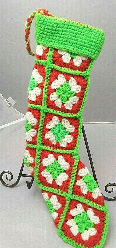 Vintage Crocheted Granny Square Christmas Stocking Retro Boho Handmade