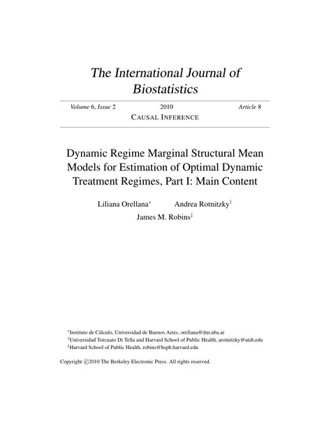 Pdf Dynamic Regime Marginal Structural Mean Models For Estimation Of Optimal Dynamic Treatment