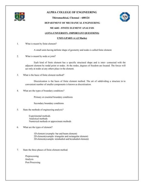 Fea Unit Wise Question Bank Part A And B And Unit Wise Important Formulae Pdf