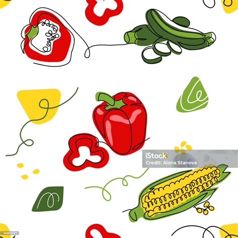 야채 벡터 패턴 부엌이나 카페 장식을위한 파프리카 옥수수 호박으로 야채 패턴의 연속 라인 아트 드로잉 그래픽 프린트에 대한 스톡 벡터 아트 및 기타 이미지 Istock