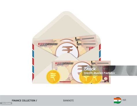 1000 인도 루피 은행권입니다 평면 스타일 현금 봉투를 열었다 인도 루피 은행권 그리고 동전입니다 급여 지급 또는 손상 개념