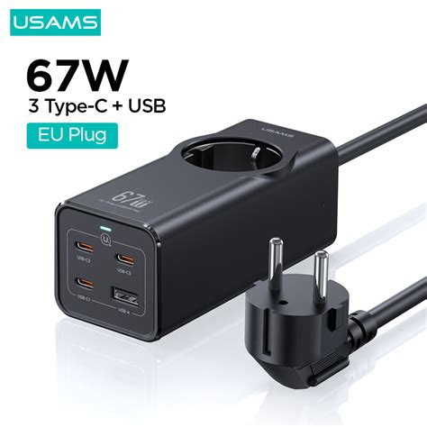 USAMS W Fast Charger EU Plug Four Port Adapter Type C USB Socket With Extension Cable W