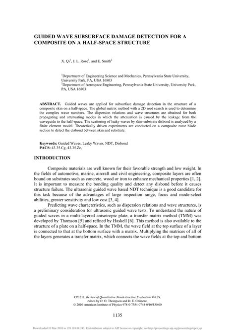 PDF Guided Wave Subsurface Damage Detection For A Composite On A Half Space Structure