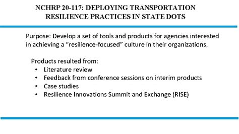 Nchrp 20 117 Deploying Transportation Resilience Practices In