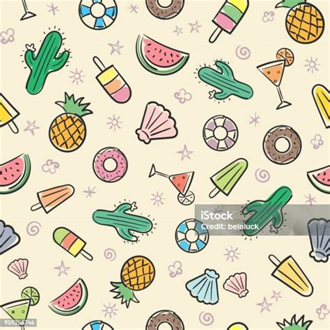 바다 웨이브 파인애플 칵테일 선인장 아이스크림 껍질 수 박 손으로 그린 그림 완벽 한 패턴 배경 벡터 포맷을 포함 하 여 여름