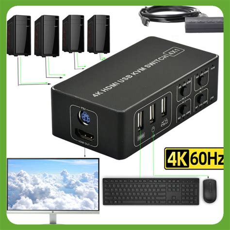 kvm switch hdmi 4k 60hz 4x1 usb kvm switcher 4 port in 1 out dual port