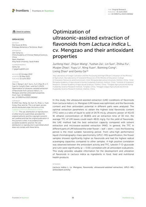Pdf Optimization Of Ultrasonic Assisted Extraction Of Flavonoids From Lactuca Indica L Cv
