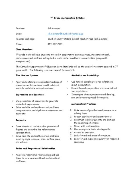 7th Grade Mathematics Syllabus Pdf Teaching Mathematics Homework