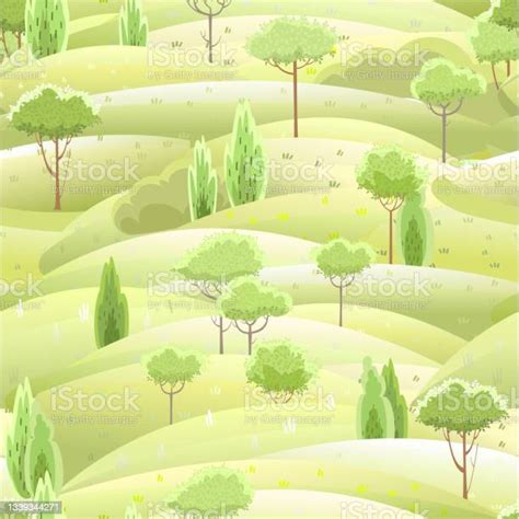 시골 여름 아름다운 풍경 매끄러운 패턴 힐스 만화 스타일 나무와 관목 로맨틱 한 아름다움 배경 플랫 디자인 일러스트레이션 벡터