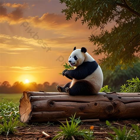 An Isolated Pandas On A Log With Leaves Warm Sunset Backdrop Photo  Free Download Pikbest