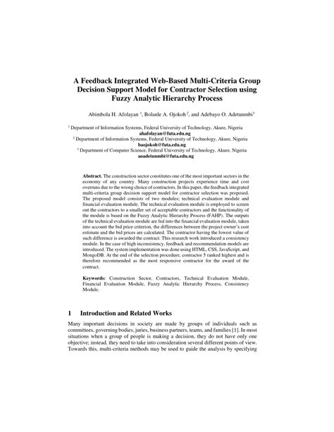 Pdf A Feedback Integrated Web Based Multi Criteria Group Decision Support Model For Contractor