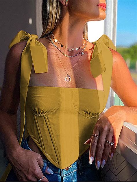 Avanova Womens Sexy Bustier Crop Top Strappy Tie Up Shoulder Sleeveless Asymmetrical Clubwear