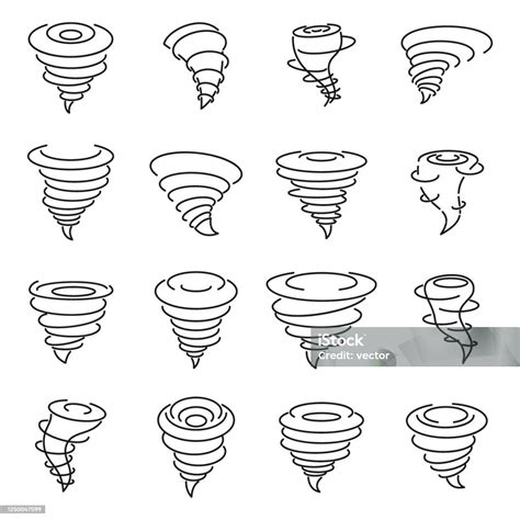 ทอร์นาโดอากาศไอคอนชุด สไตล์เค้าร่าง ภาพประกอบสต็อก ดาวน์โหลดรูปภาพตอนนี้ การทำลาย มโนทัศน์