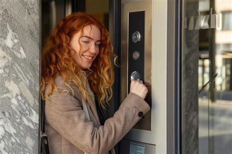 Happy Woman Ringing On Doorbell At Building Entrance Using Intercom Happy Woman Ringing On
