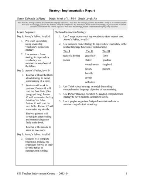 Strategy Implementation Report Aesops Fables Grade 5
