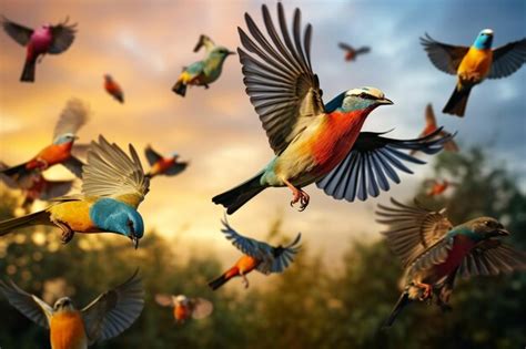 Premium Ai Image Photo A Group Of Colorful Birds Are Flying In