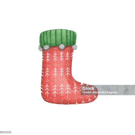 수채화 클립 아트 레드 크리스마스 스타킹 핸드 드로우 일러스트 2022 12월에 대한 스톡 벡터 아트 및 기타 이미지 12월 2022년 겨울 Istock