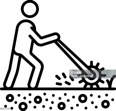 단단하고 조밀한 토양 벡터 윤곽선 아이콘 디자인 잔디밭 및 원예 상징 농장과 식물 기호 농업 및 원예 장비 스톡 일러스트 농부 개념과 재배 경운기를 끊습니다 0명에 대한