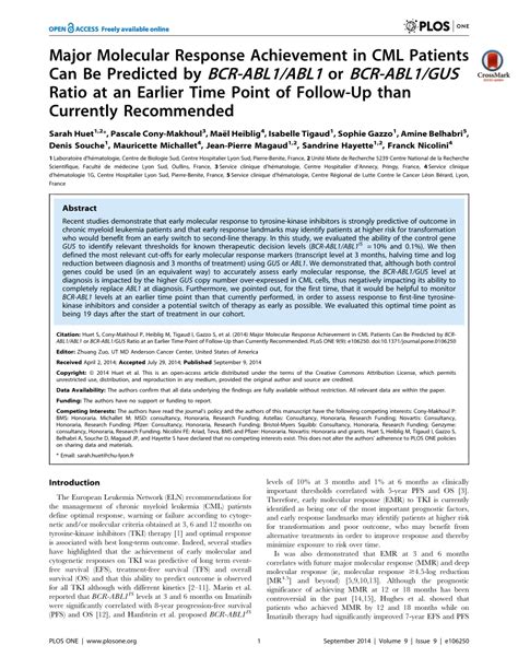 Pdf Major Molecular Response Achievement In Cml Patients Can Be Predicted By Bcr Abl1 Abl1 Or