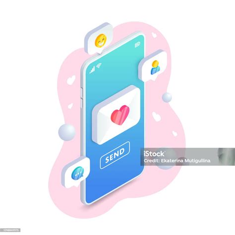 러브 폰 메시지 등등 개념 보내기 하트 전자 메일 봉투 및 버튼이있는 발렌타인 카드는 스마트 폰 화면에 전송됩니다 웹 사이트 착륙 디자인 앱 배너를 위한 3d 트렌디 한