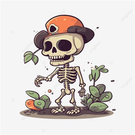 귀여운 해골 벡터 식물과 씨앗이 있는 주황색 모자에 있는 스티커 클립 아트 만화 해골 상표 클립 아트 Png 일러스트 및 벡터 에 대한 무료 다운로드 Pngtree
