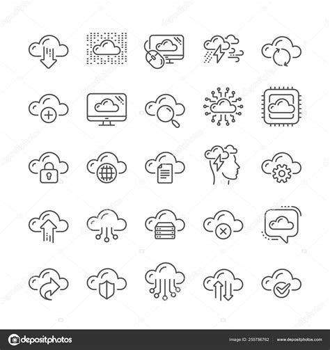 Cloud Data Line Icons Set Hosting Computing Data File Storage Stock