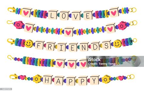 구슬 팔찌 우정 펑키 팔찌 수제 플라스틱 비즈 팔찌 아이 귀여운 액세서리 단어 친구와 사랑 벡터 세트 우정팔찌에 대한 스톡 벡터 아트 및 기타 이미지 Istock