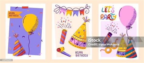 풍선 파티 모자 파티 송풍기 안경 깃발과 생일 테마 일러스트레이션의 생생한 세트 인사말 카드 초대장 또는 파티 장식용 벡터