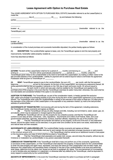 Lease Agreement With Option To Purchase Real Estate Template Printable